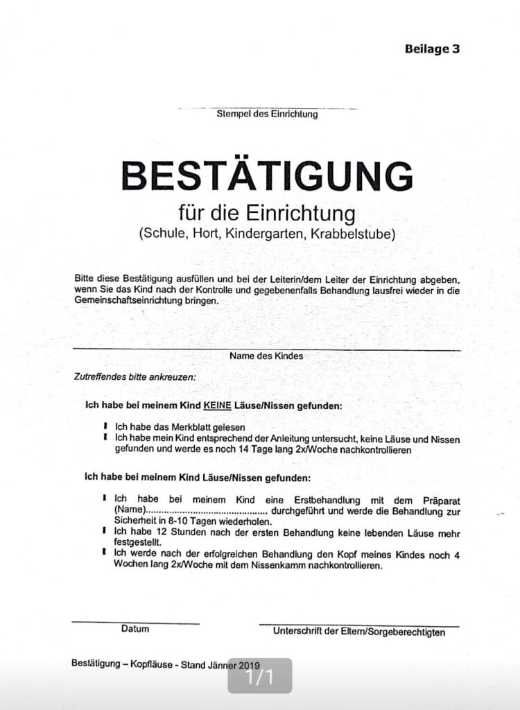 Bestätigung zum Ausdrucken - Kopfläuse - Volksschule Atzbach