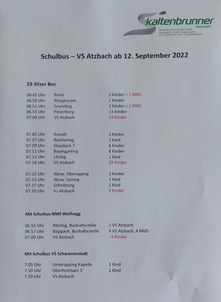Busfahrplan in der Früh Schuljahr 2022/23 - Volksschule Atzbach